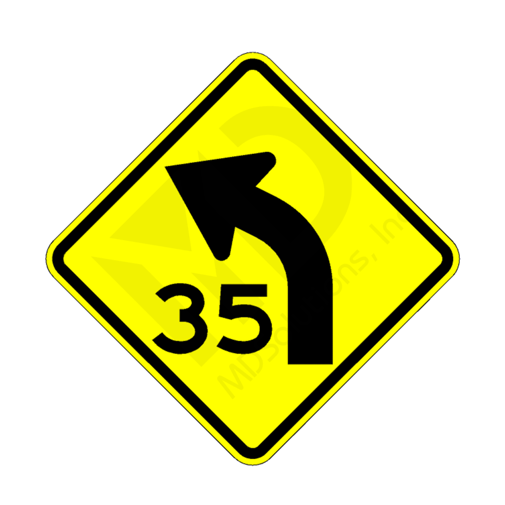 W1-2A Left Curve with Advisory Speed Sign